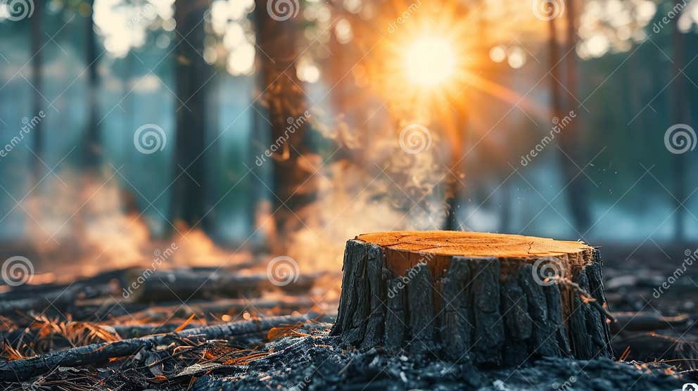 Tree Stump in Forest after Wildfire with Smoke and Sunlight Stock ...