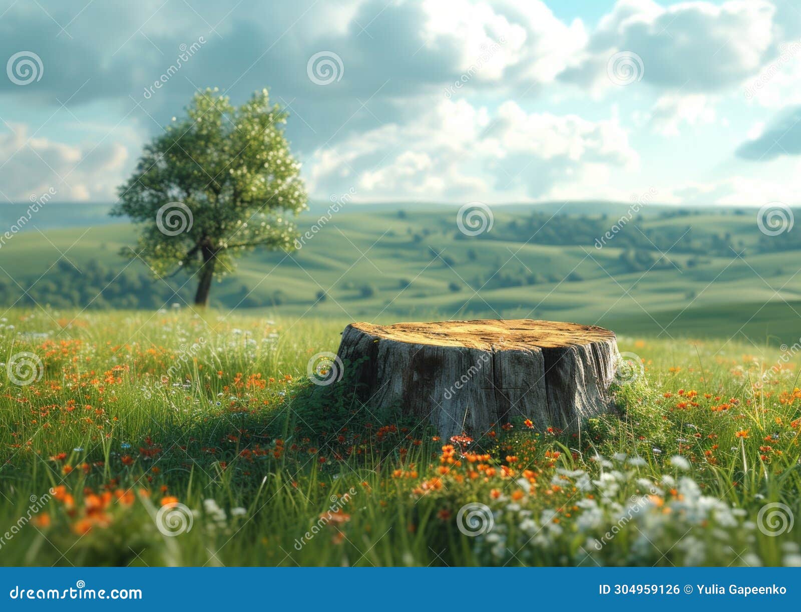 A Tree Stump in a Grassy Field Stock Photo - Image of spring, forest ...