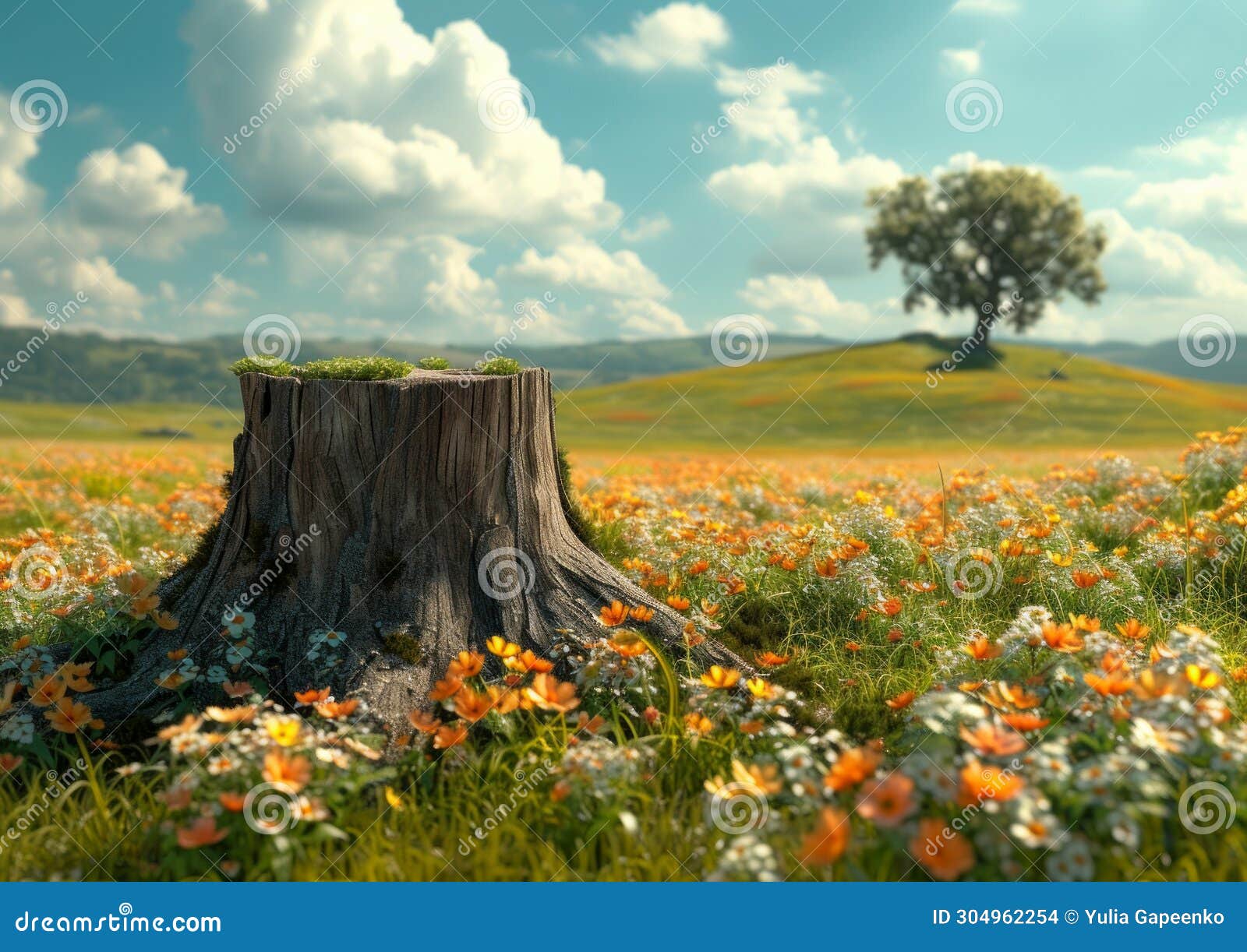 A Tree Stump in a Grassy Field Stock Photo - Image of meadow, grass ...
