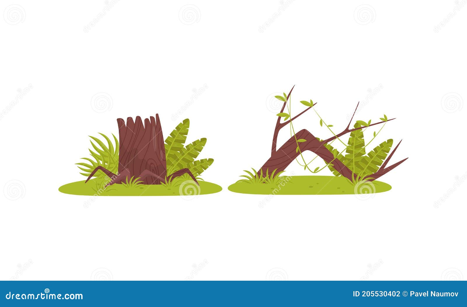 Tree Stump with Roots and Log with Liana As Tropical Jungle Landscape ...