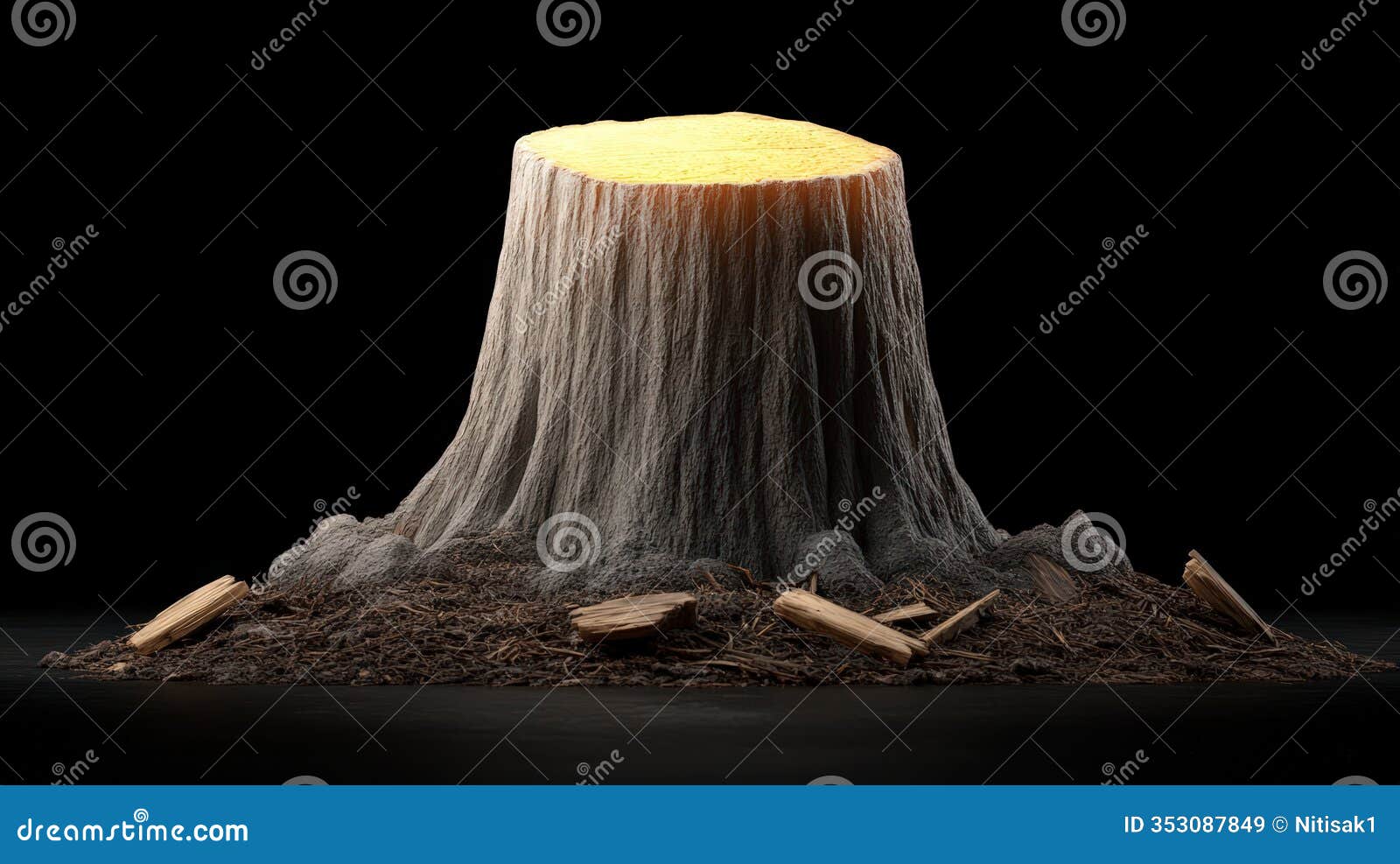 Tree Stump with Soft Fibers Dark Soil Isolated on a Black Backdrop ...