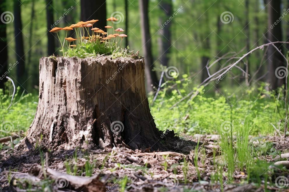 Tree Stump Surrounded by New Growth Stock Image - Image of ecology ...