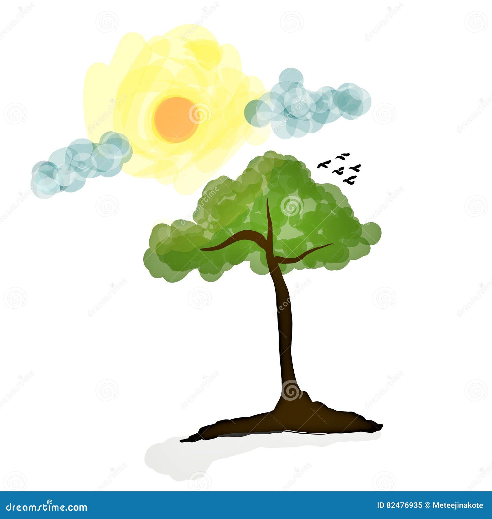 Tree Sun Bird and Cloud in or White Background Stock Illustration ...
