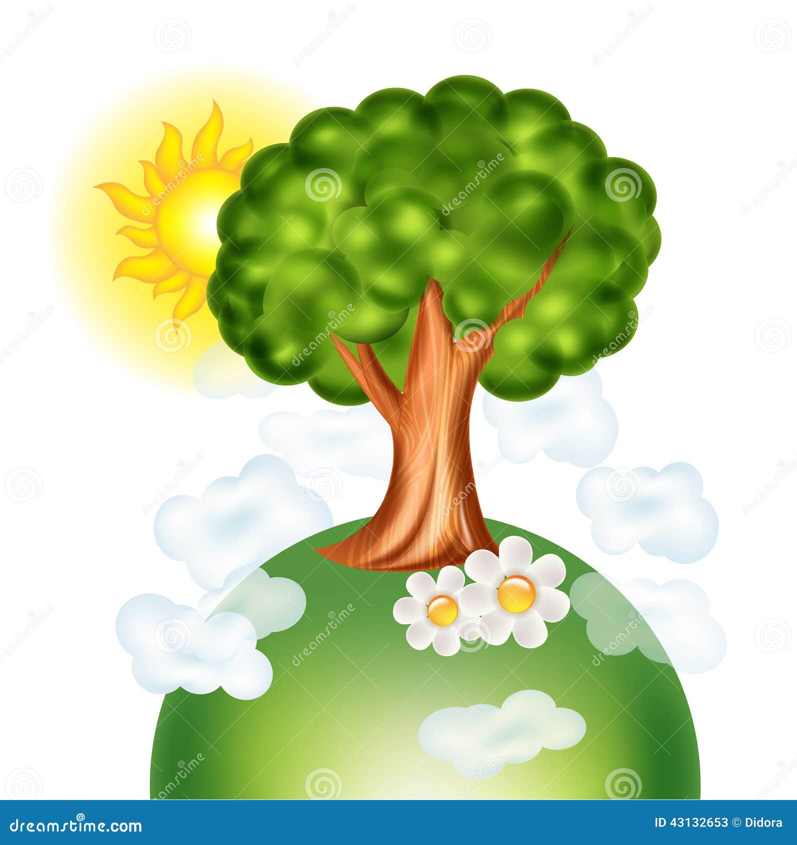 Tree with Sun, Clouds and Earth Stock Vector - Illustration of clouds ...