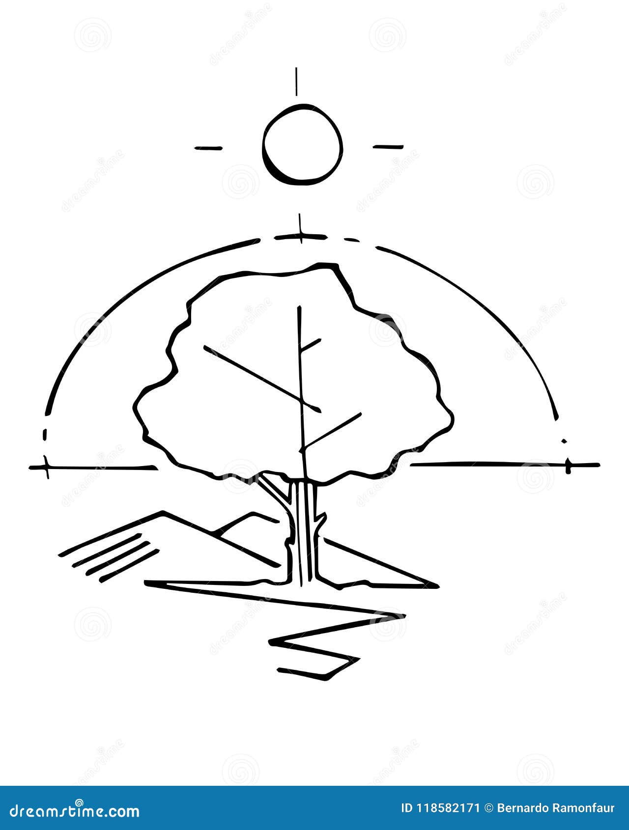 Tree and Sun Ink Drawing Symbol Stock Vector - Illustration of drawing ...