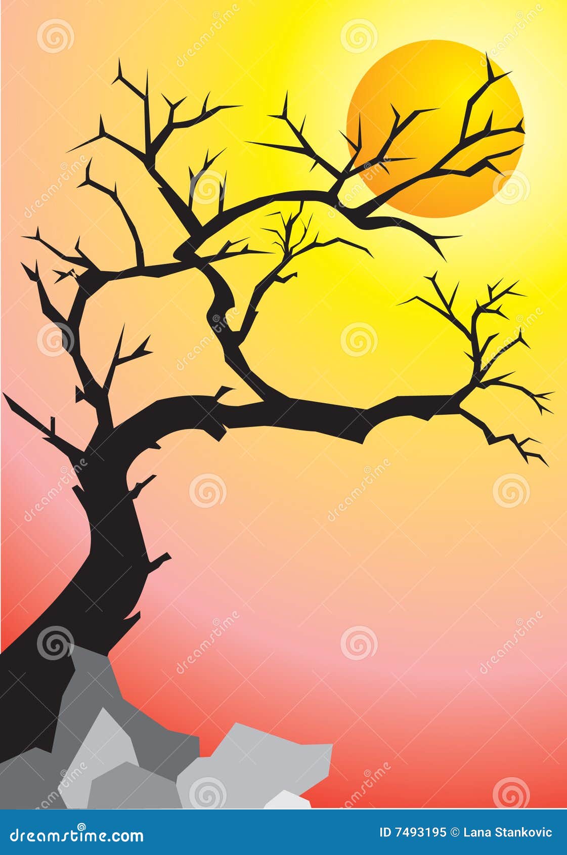 Tree at sunset stock vector. Illustration of fall, rock - 7493195