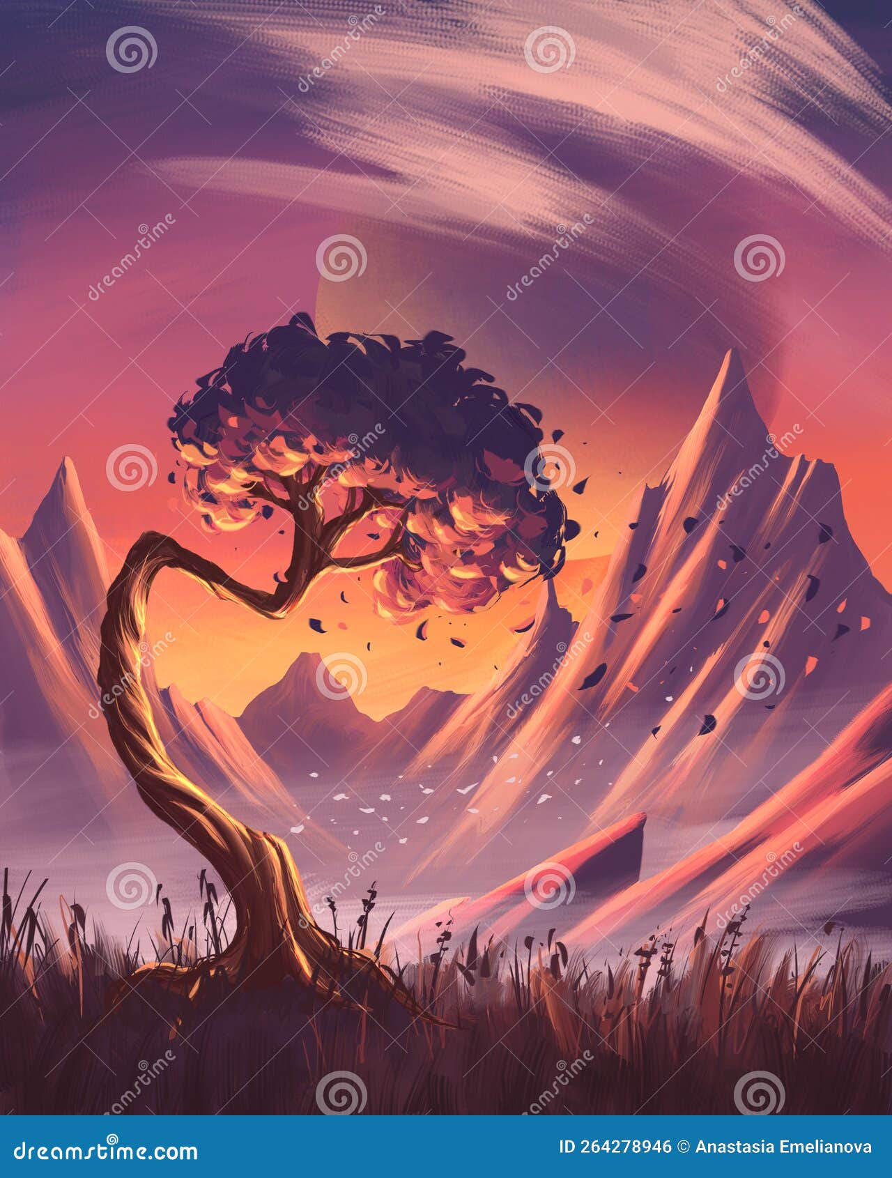 Tree at the Sunset in Mountains Stock Illustration - Illustration of ...