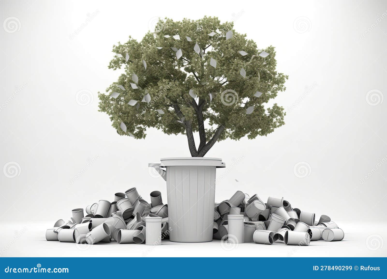 The Tree is Surrounded by Many Recyclable Bins on a White Background ...