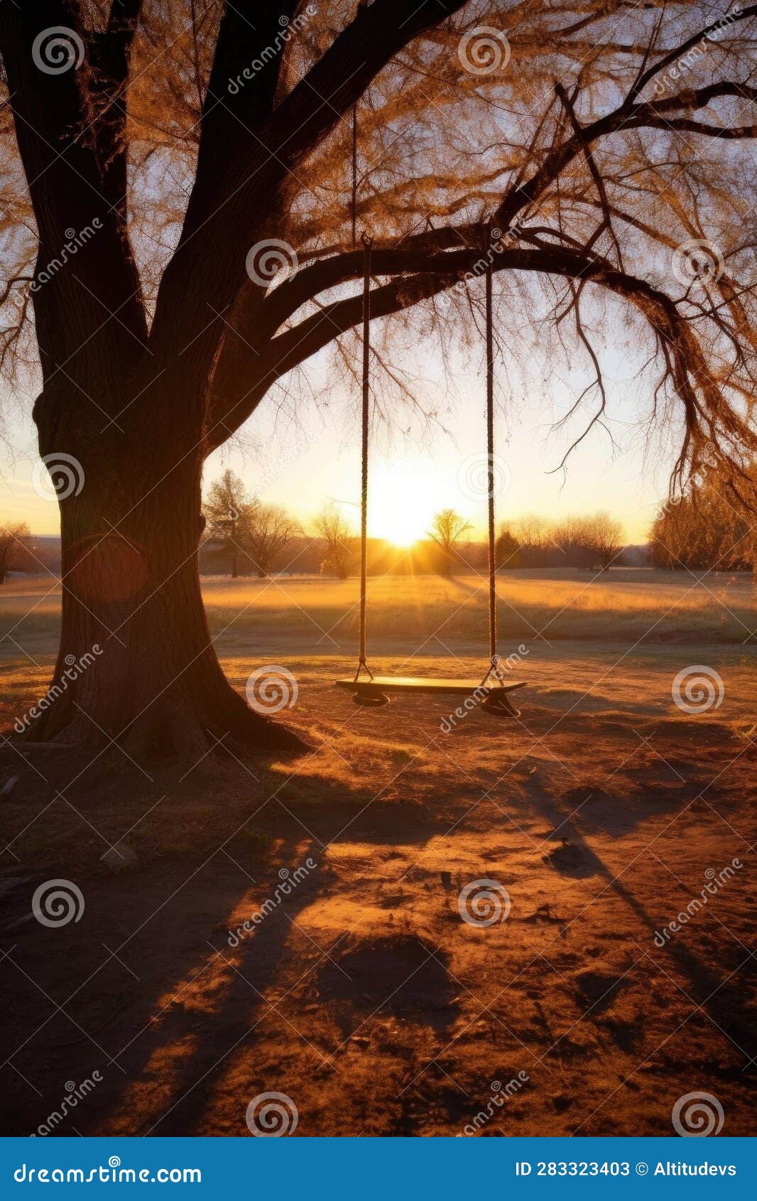 Tree Swing Illuminated by Warm Sunset Glow, Long Shadows Stock ...