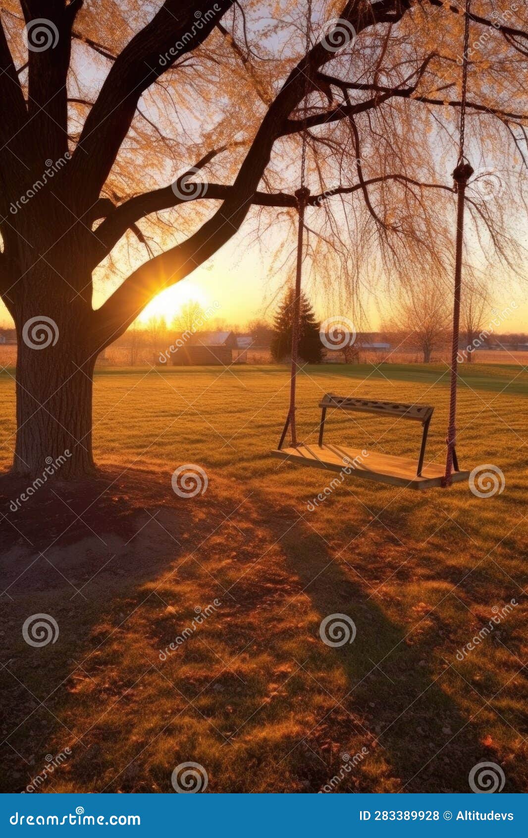 Tree Swing Illuminated by Warm Sunset Glow, Long Shadows Stock ...