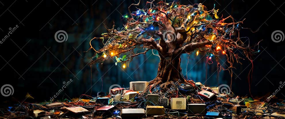 Tree of Technology Adorned with Glowing Lights and Cables Stock Photo ...