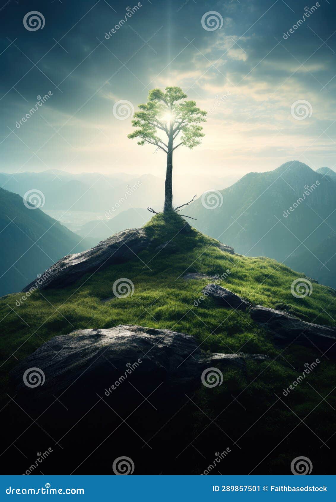 Tree on Top of the Mountain at the Beginning of the Day Stock ...