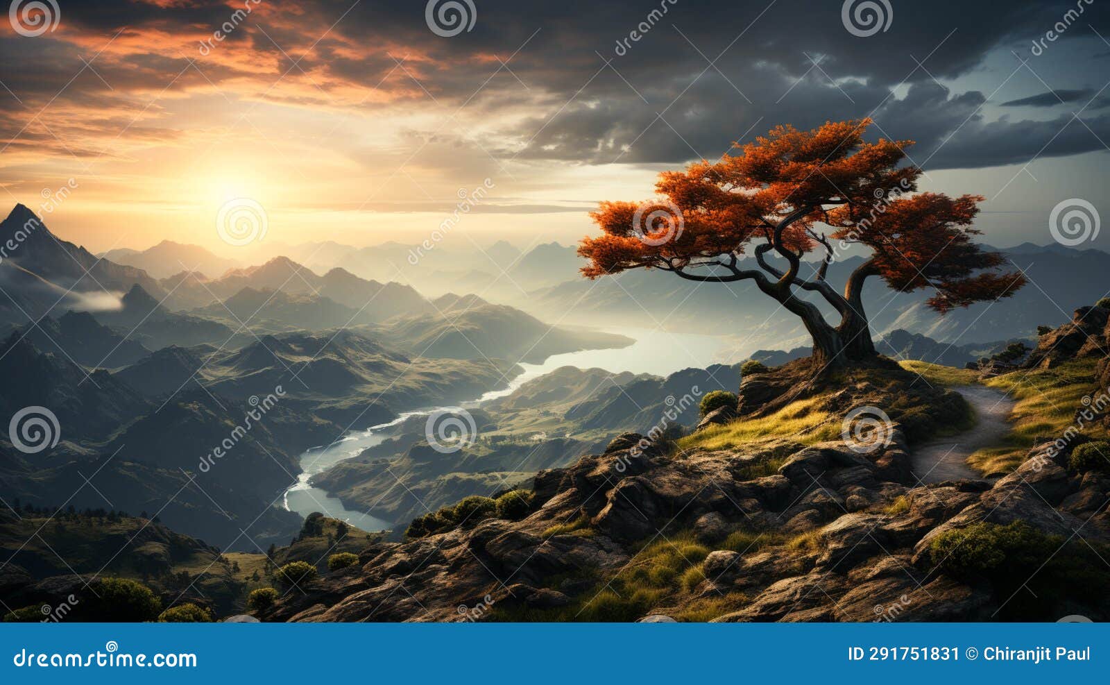 Tree on Top of Mountain Range Stock Image - Image of scenic, valley ...