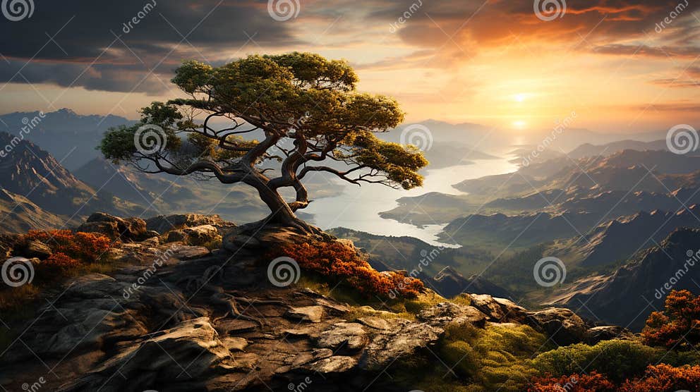 Tree on Top of Mountain Range Stock Image - Image of landscape, range ...