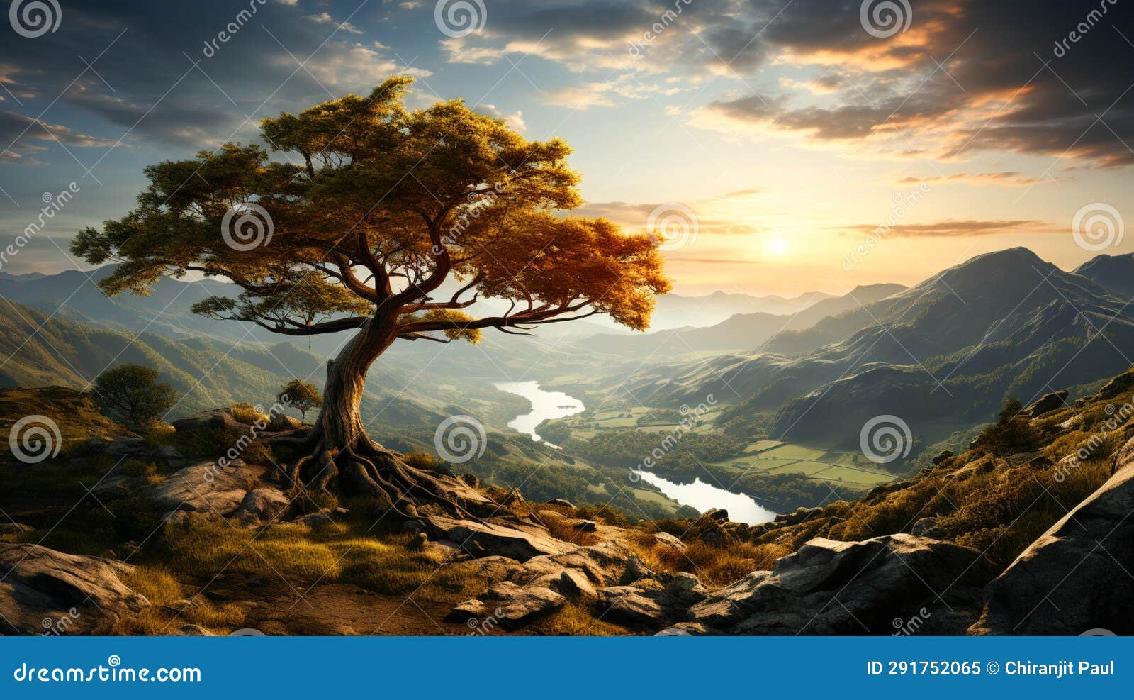 Tree on Top of Mountain Range Stock Image - Image of sunlight, cloud ...