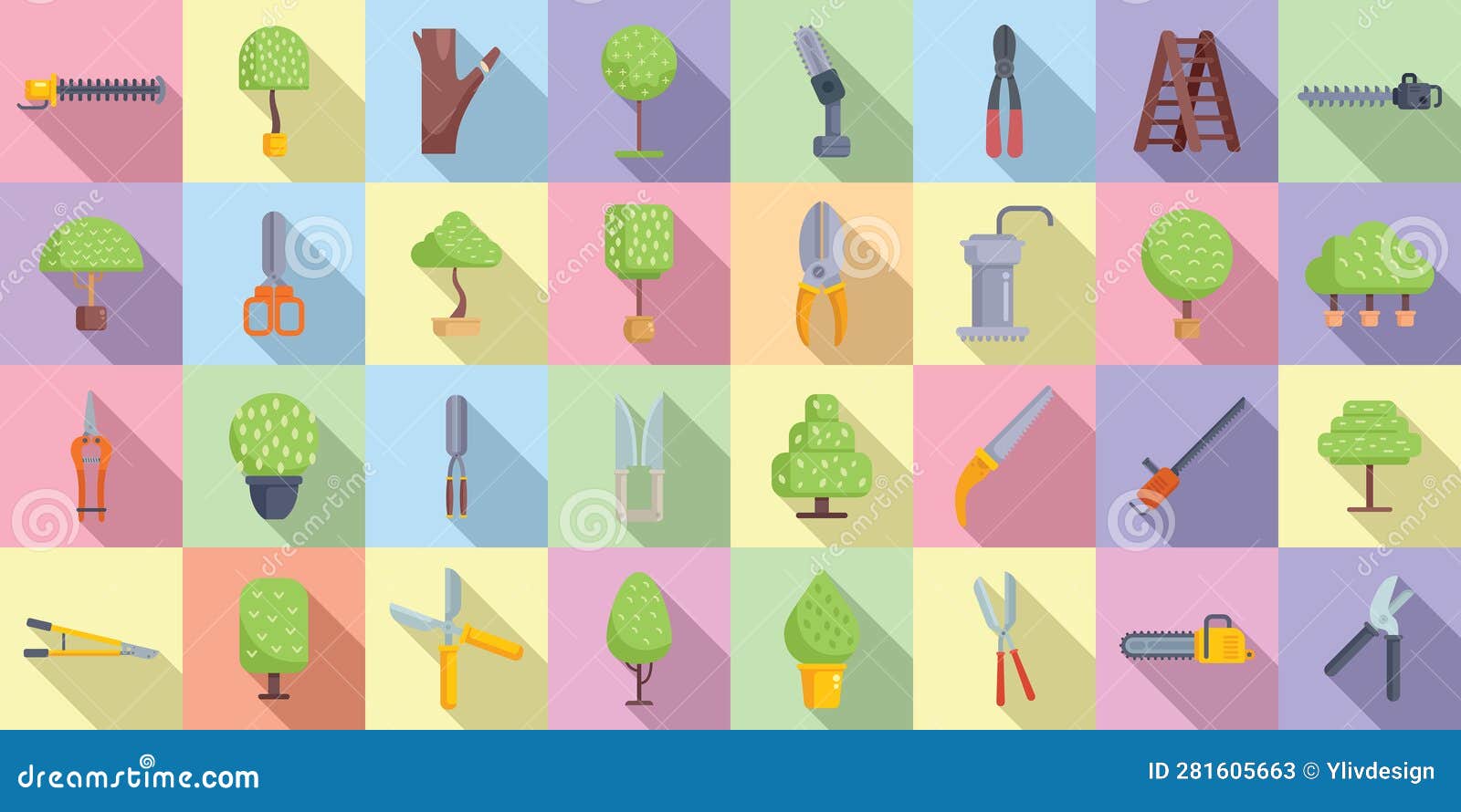 Tree Trimming Icons Set Flat Vector. Chainsaw Tree Stock Vector ...