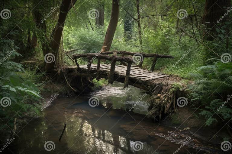 Tree Trunk Bridge Over Tranquil Forest Stream Stock Illustration ...
