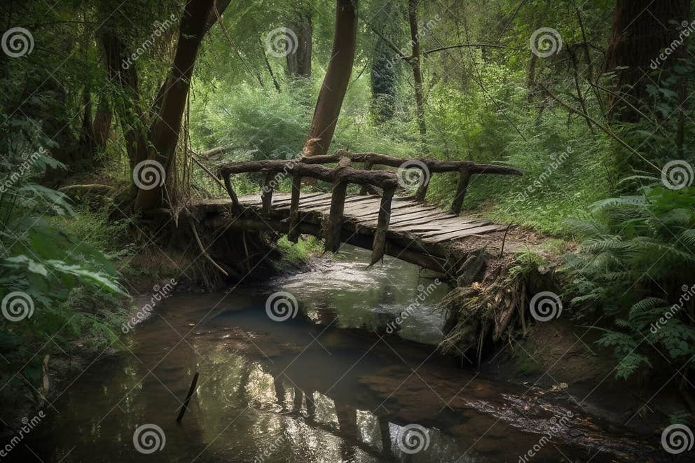 Tree Trunk Bridge Over Tranquil Forest Stream Stock Illustration ...