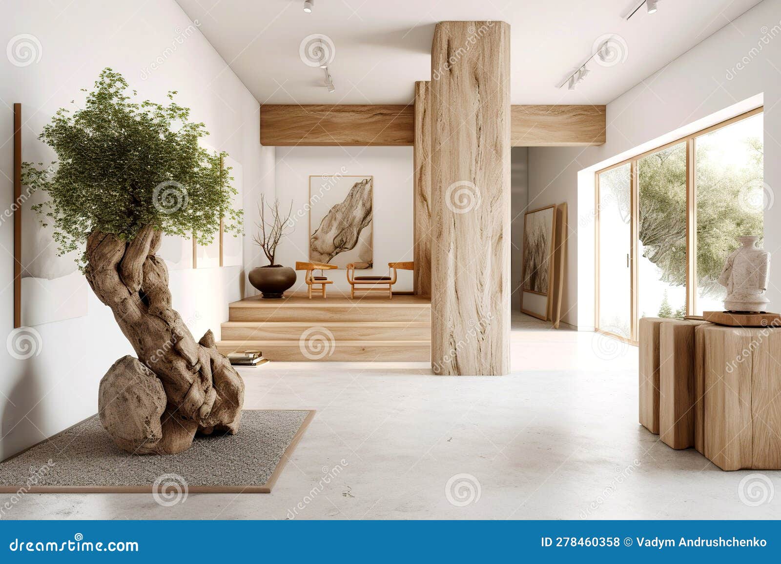 Tree Trunk Columns in Rustic Interior Design of Modern Entrance Hall ...
