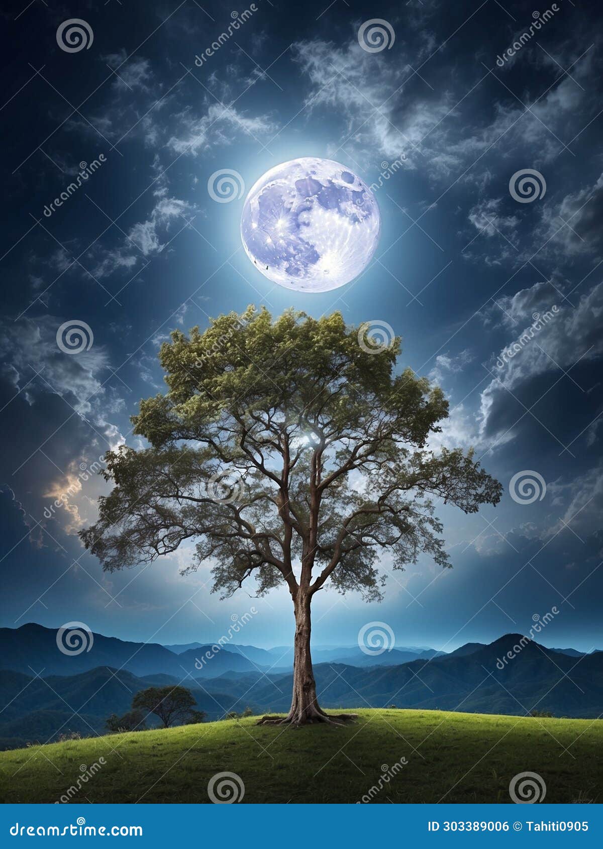 Tree under a full moon stock illustration. Illustration of alone ...