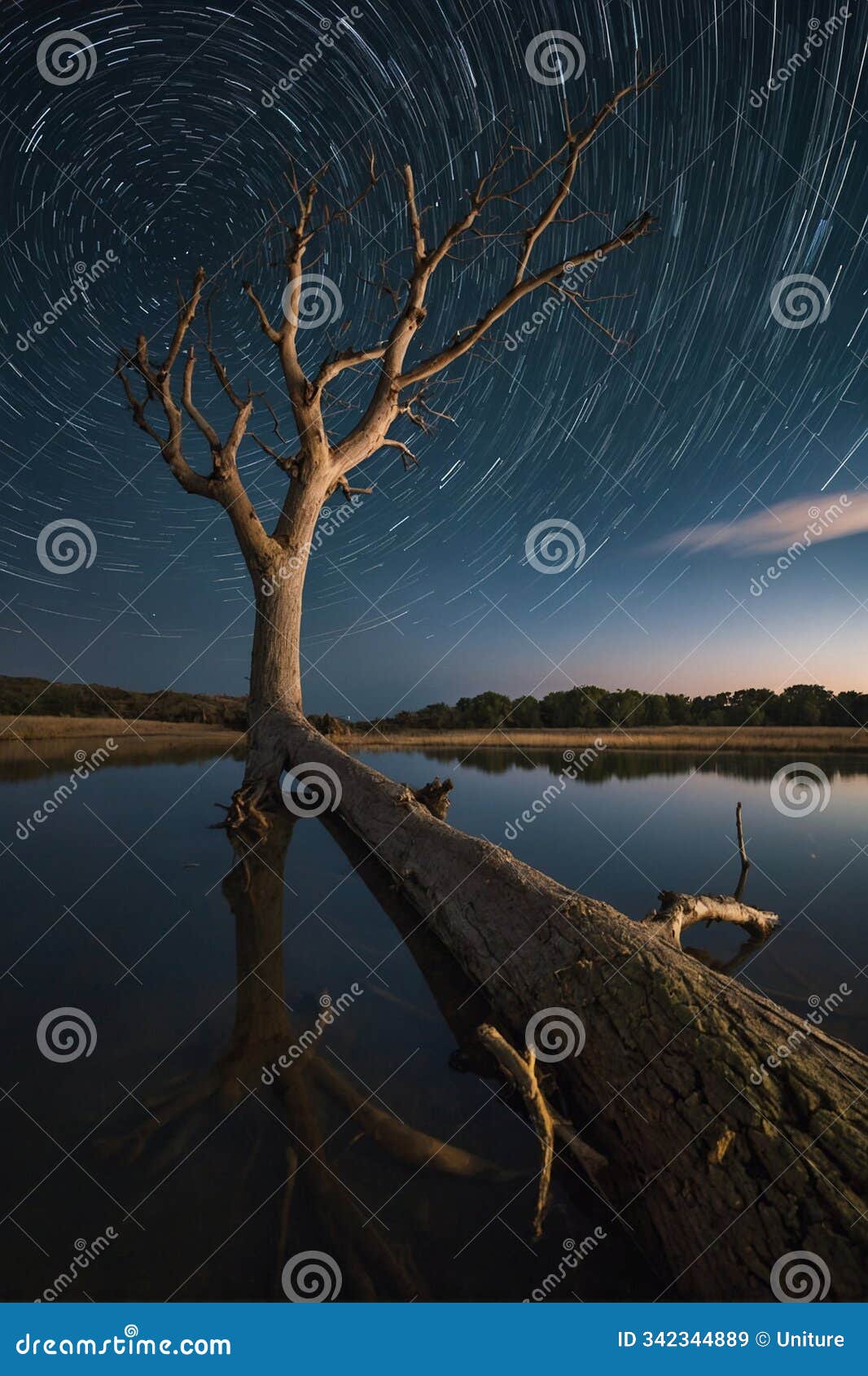 Tree Under Starry Sky at Dusk Stock Illustration - Illustration of ...