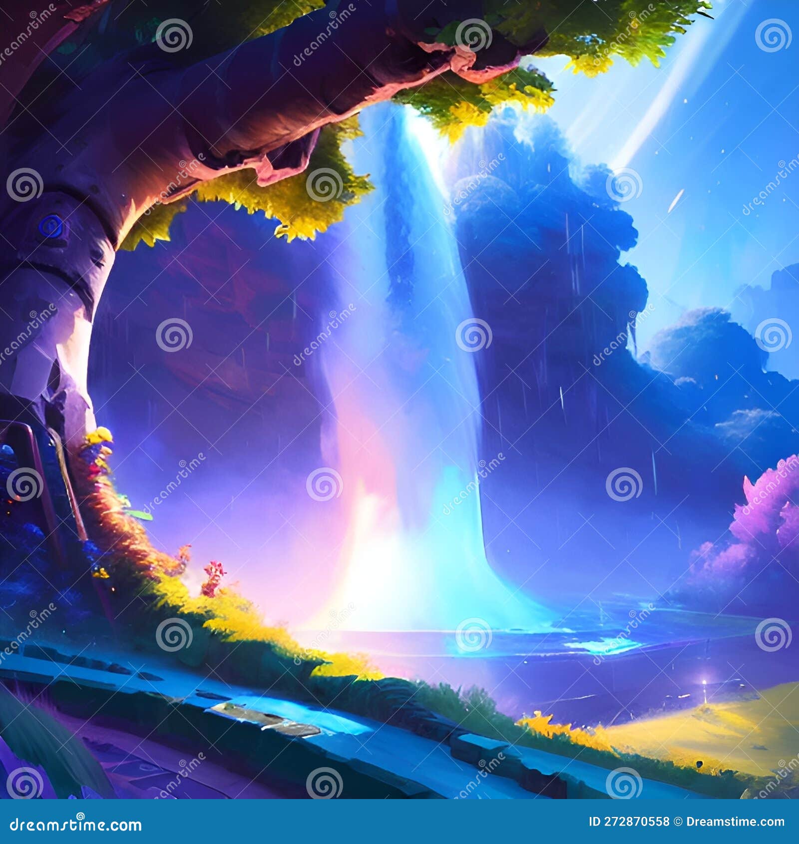 Tree and Waterfall Mountain Stock Illustration - Illustration of ...