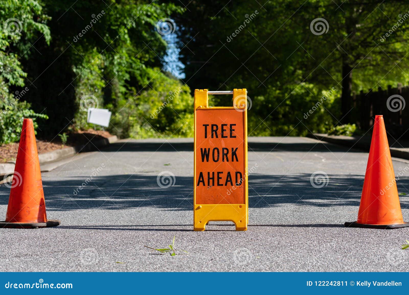 Tree Work Ahead Sign with Two Traffic Cones Stock Image - Image of ...