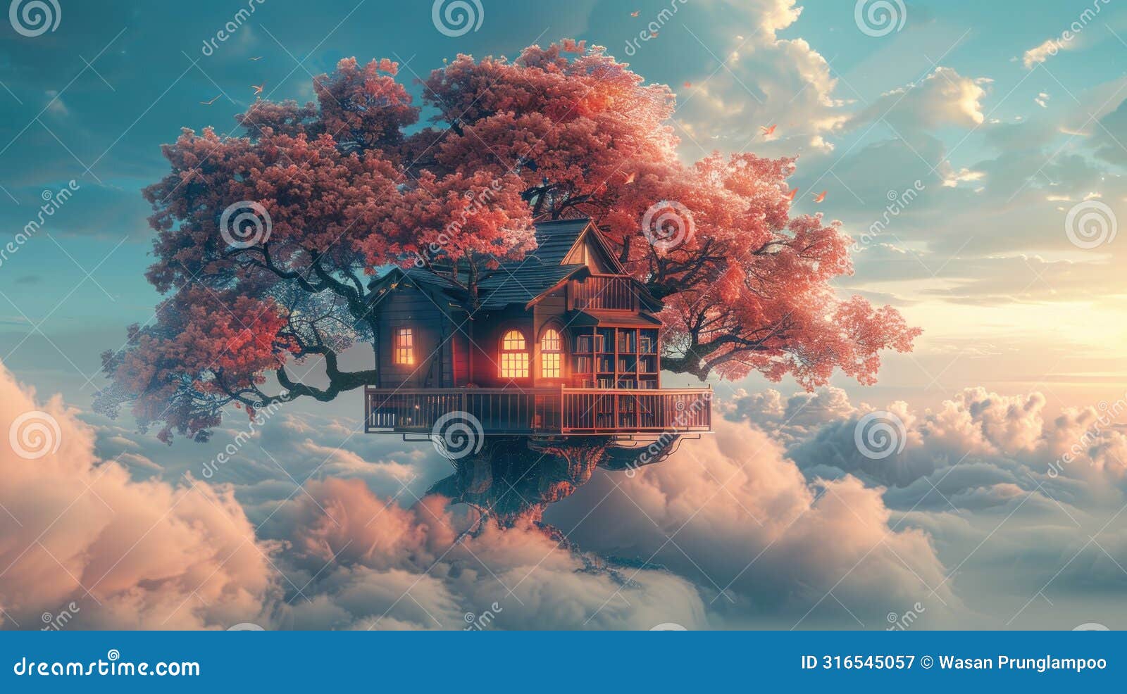 A Treehouse in the Clouds with a Pink Tree Growing through it Stock ...