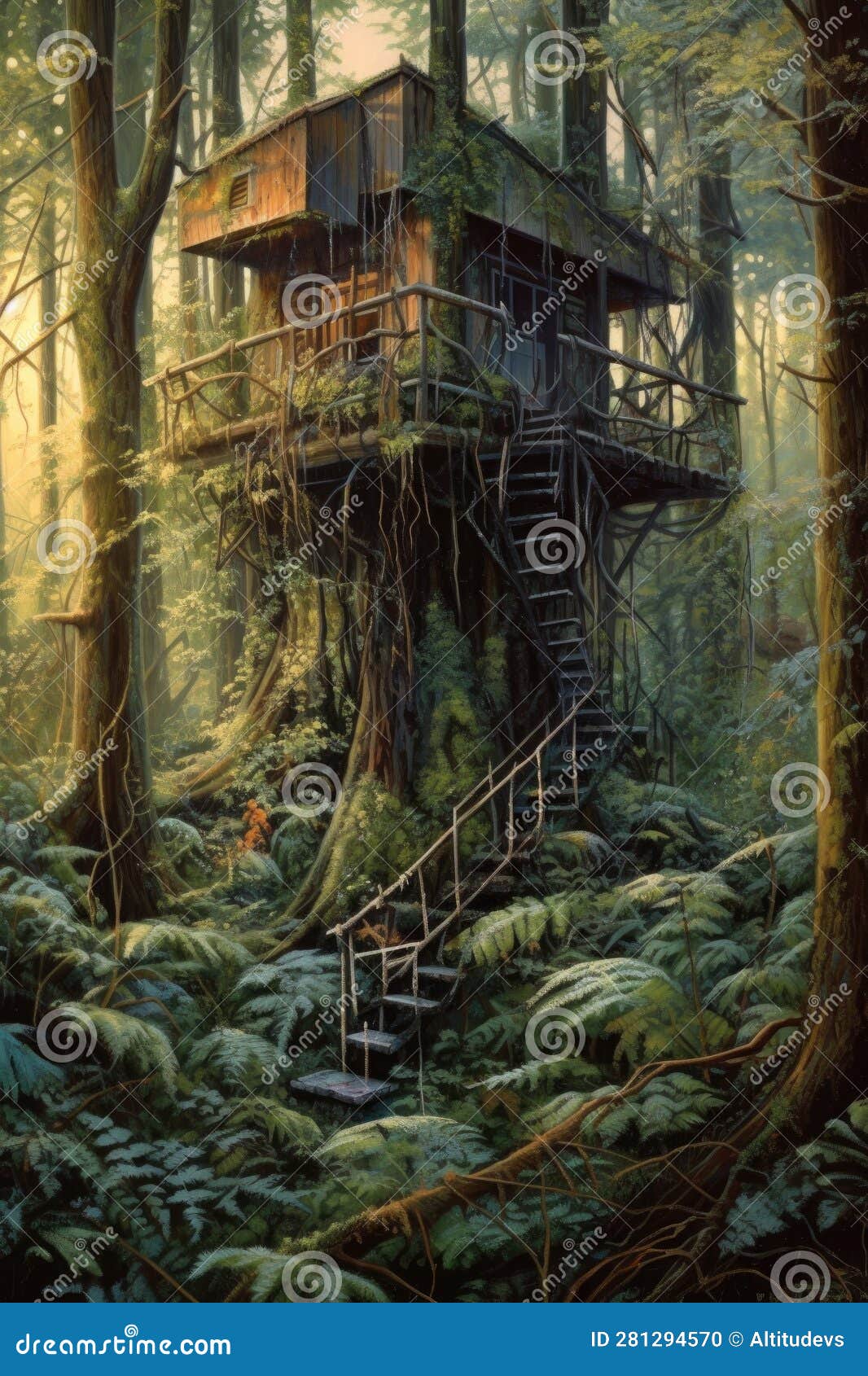 Treehouse Hidden among the Foliage in a Dense Forest Stock Illustration ...