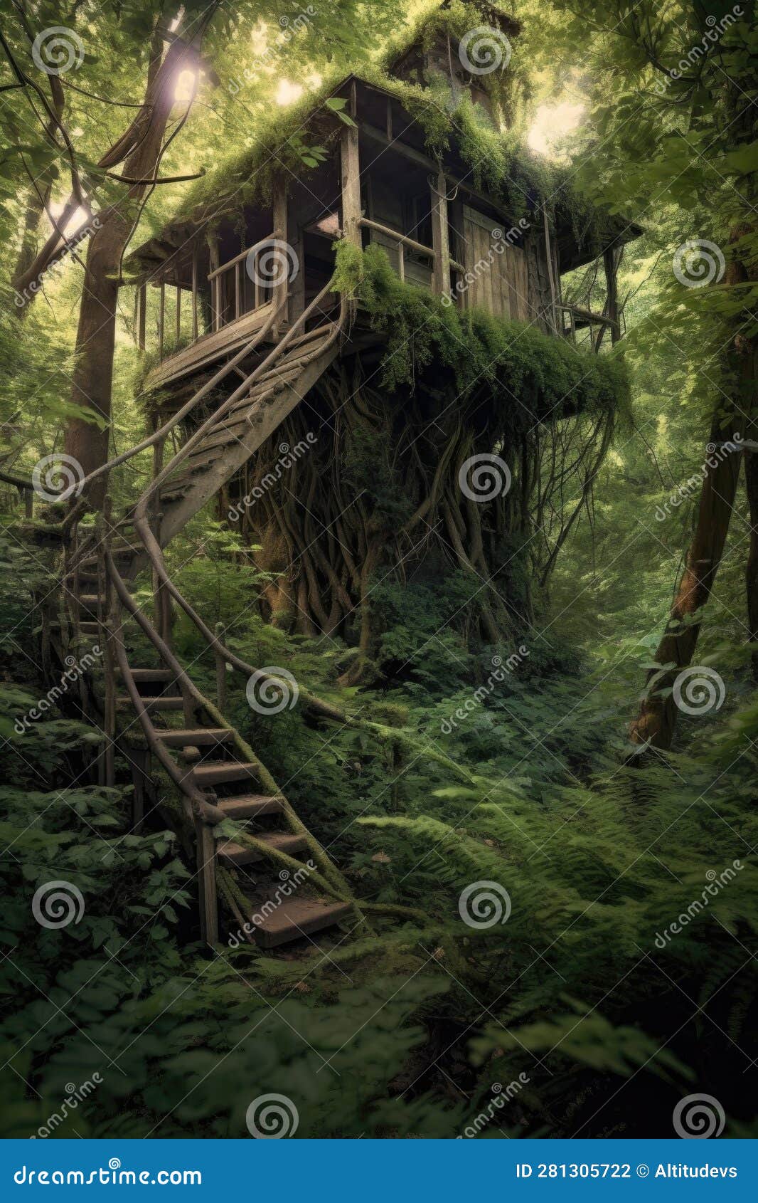 Treehouse Hidden among the Foliage in a Dense Forest Stock Illustration ...