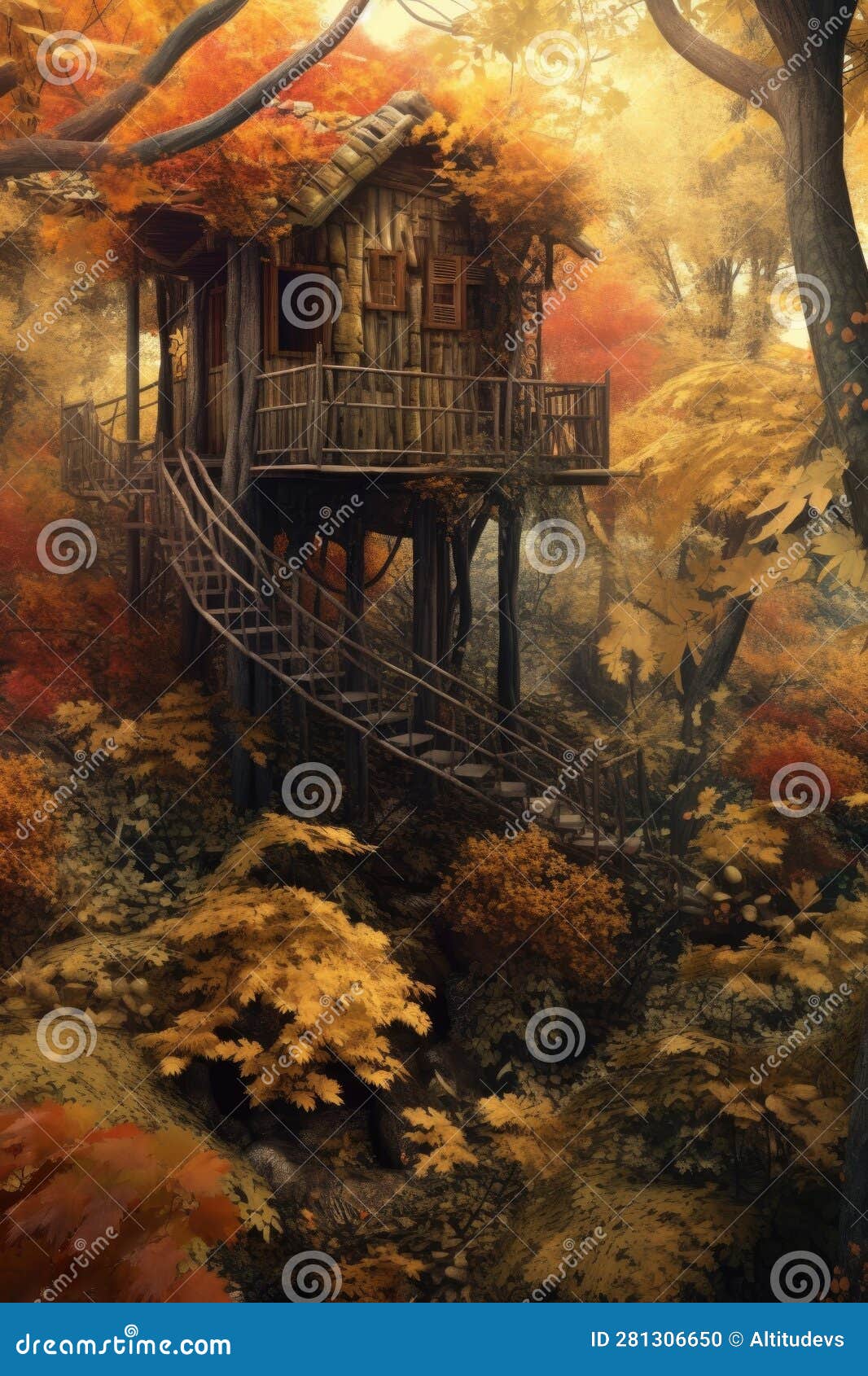 Treehouse Hidden among the Foliage in a Dense Forest Stock Illustration ...
