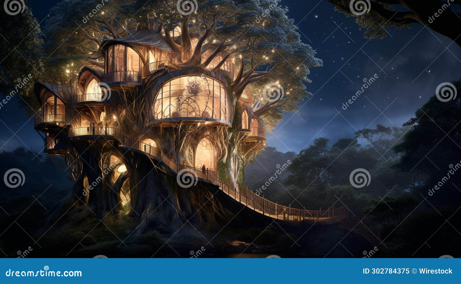 Treehouse Illuminated by a Glowing Night Sky, AI-generated. Stock ...