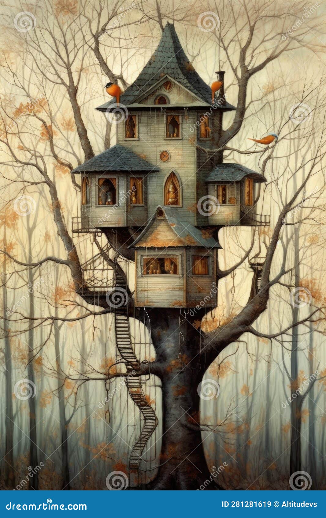 Treehouse Nestled in the Branches of a Tall Tree Stock Illustration ...
