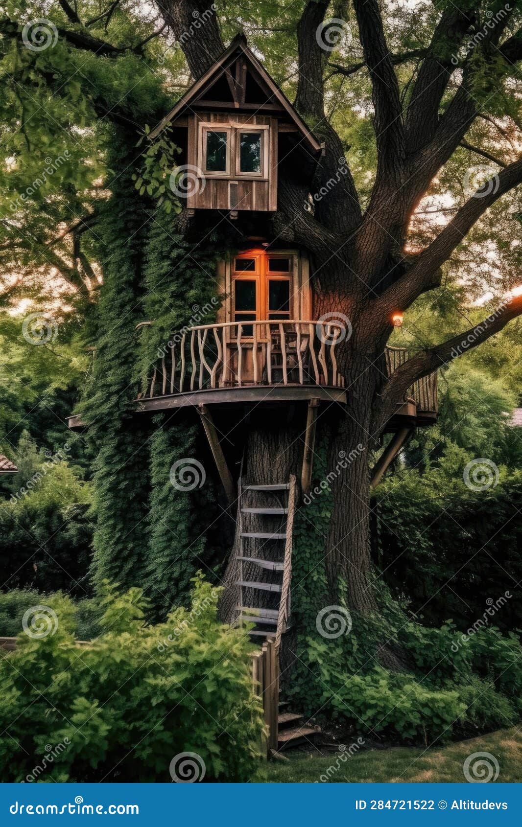 Treehouse Nestled within Sturdy Branches of Backyard Tree Stock Photo ...