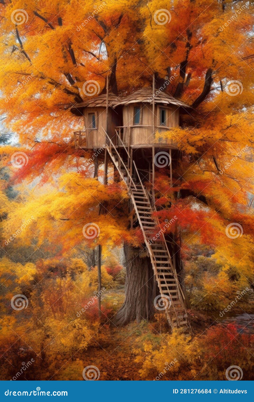 Treehouse Nestled in Vibrant Autumn Foliage Stock Illustration ...
