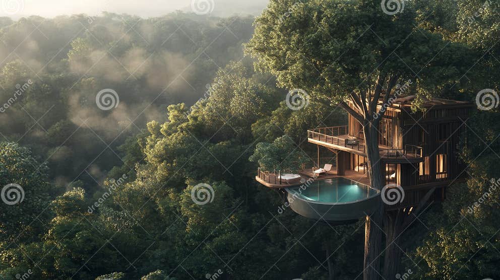 A Treehouse with a Pool in a Lush Green Forest Stock Illustration ...