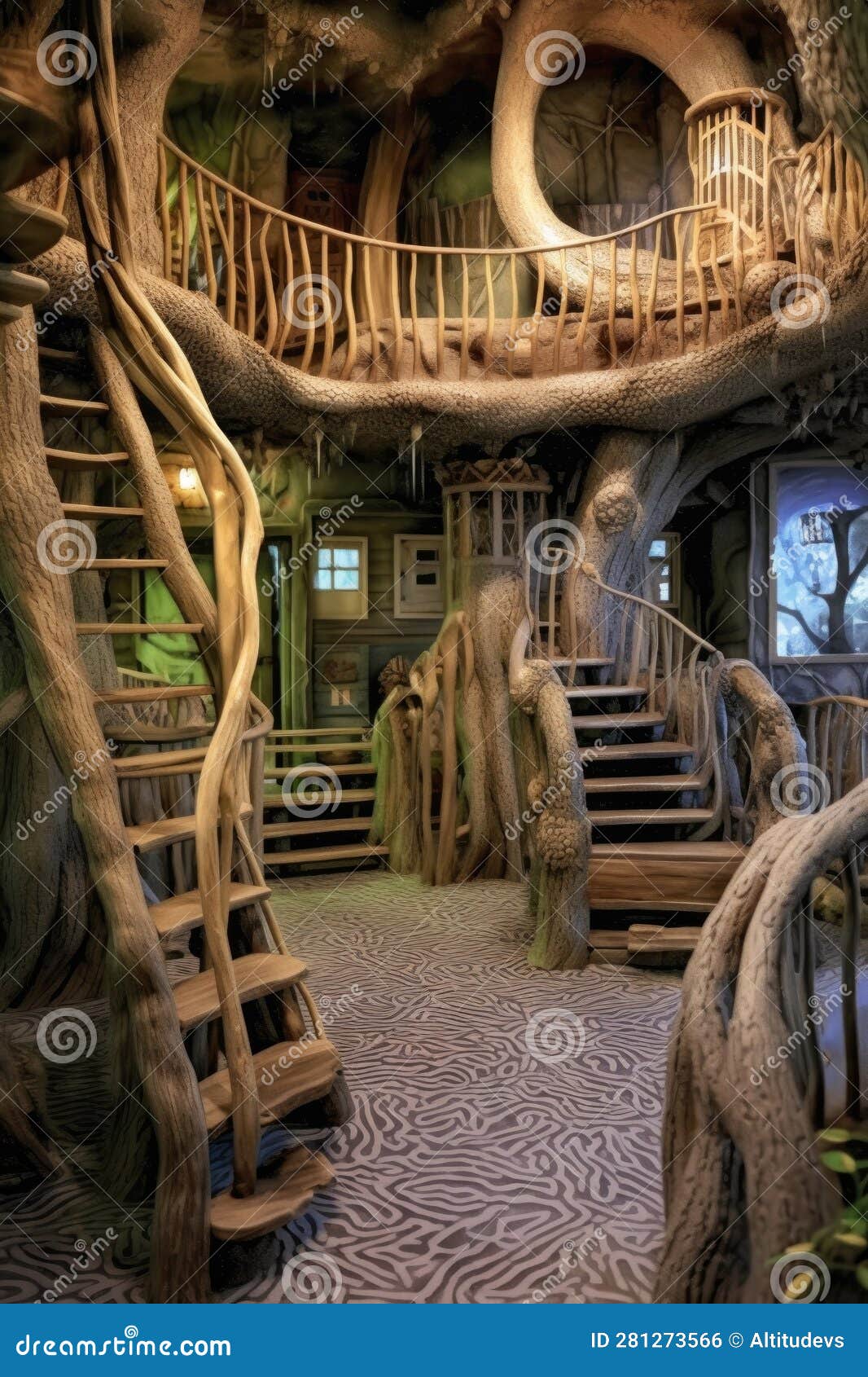 Treehouse with a Rope Bridge and Whimsical Design Stock Illustration ...
