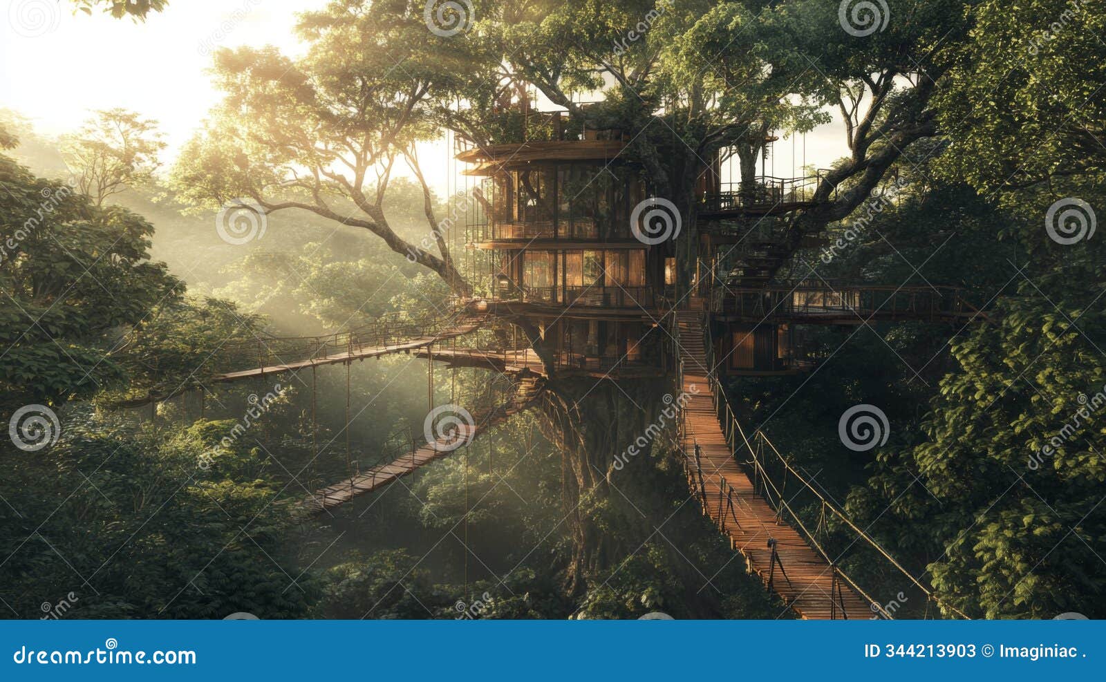 A Treehouse with Rope Bridges in a Lush Rainforest Stock Illustration ...