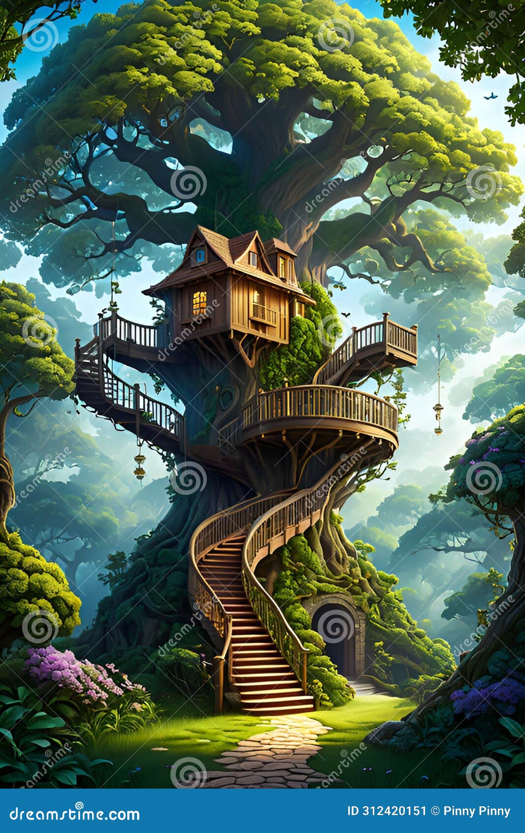 A Treehouse with Winding Staircase, a Balcony Overlooking a Forest ...