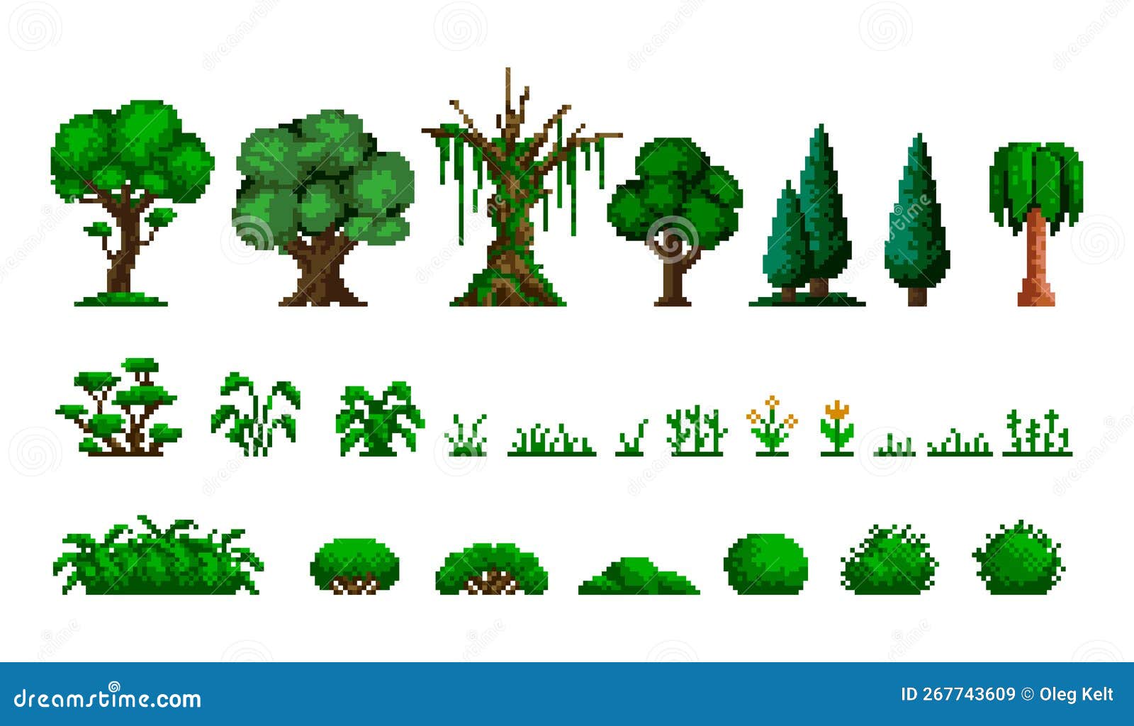 Trees and Bushes with Grass in the Style of Pixel Art. Tropical Shrub ...