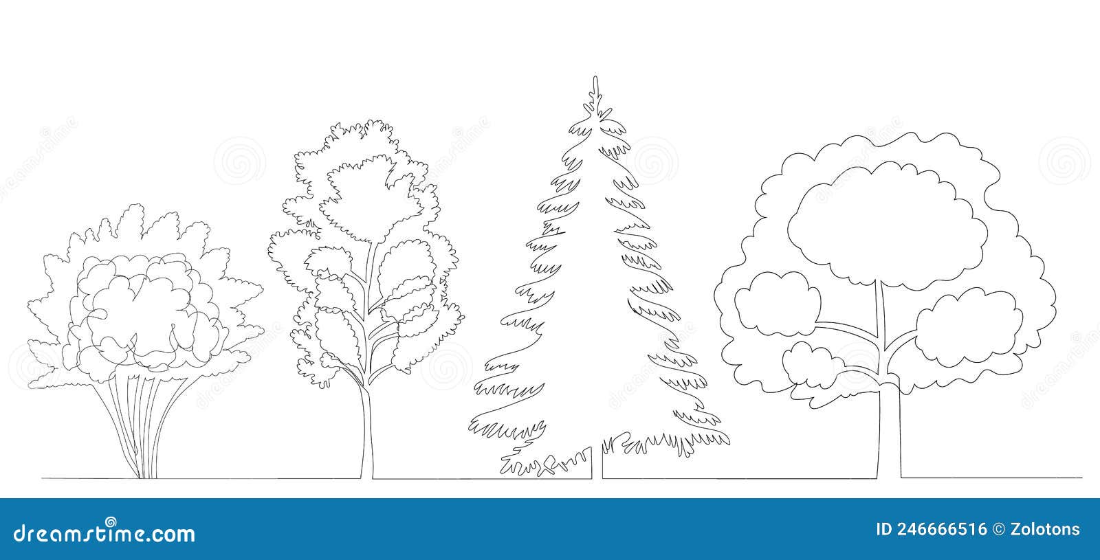 Trees Drawing in One Continuous Line, Isolated Stock Vector ...