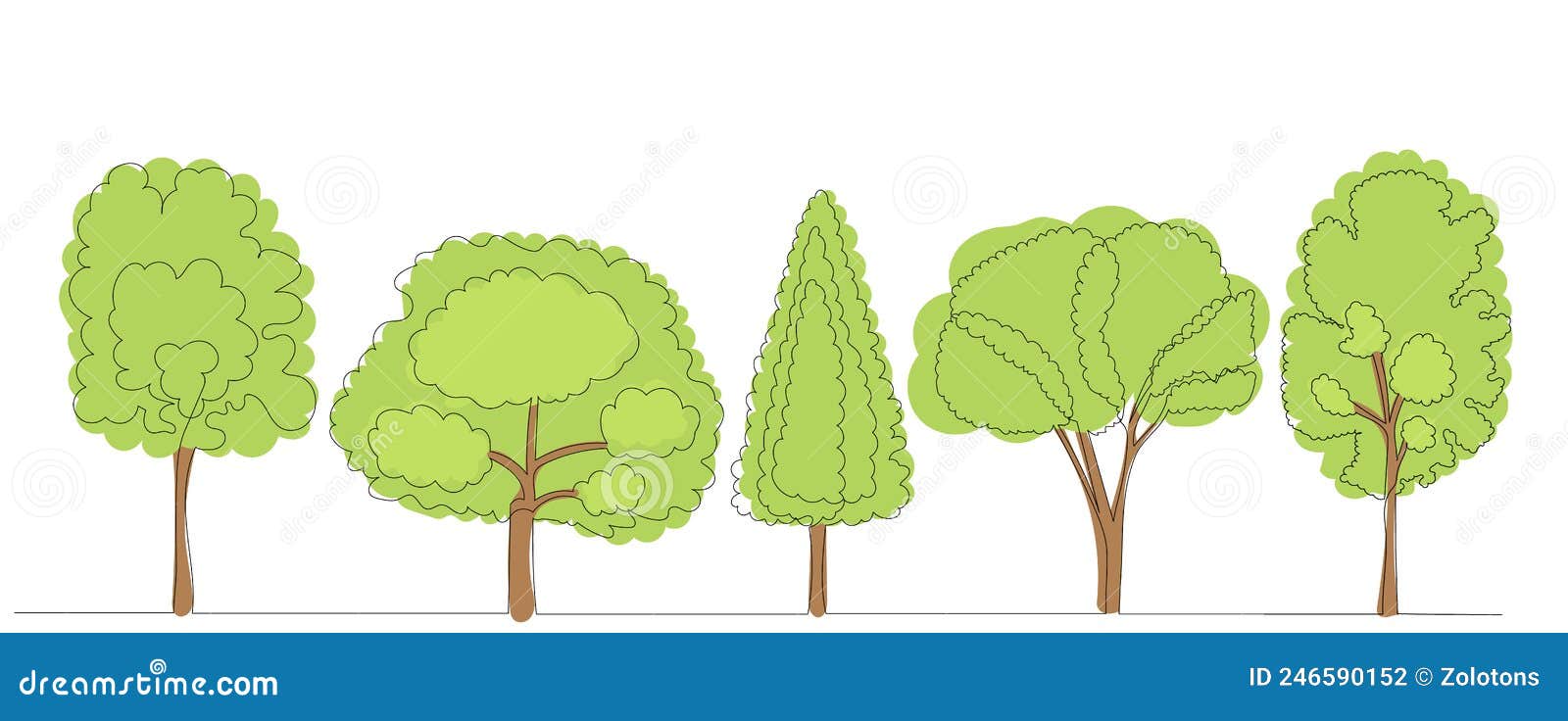 Trees Drawing in One Continuous Line, Isolated Stock Vector ...