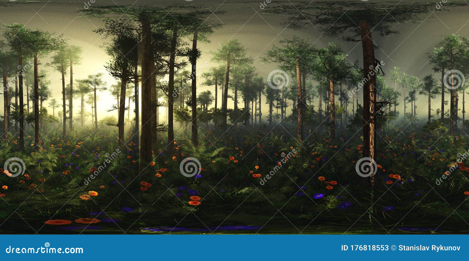 Trees in a Fog in the Morning, HDRI, Environment Map Stock Illustration ...