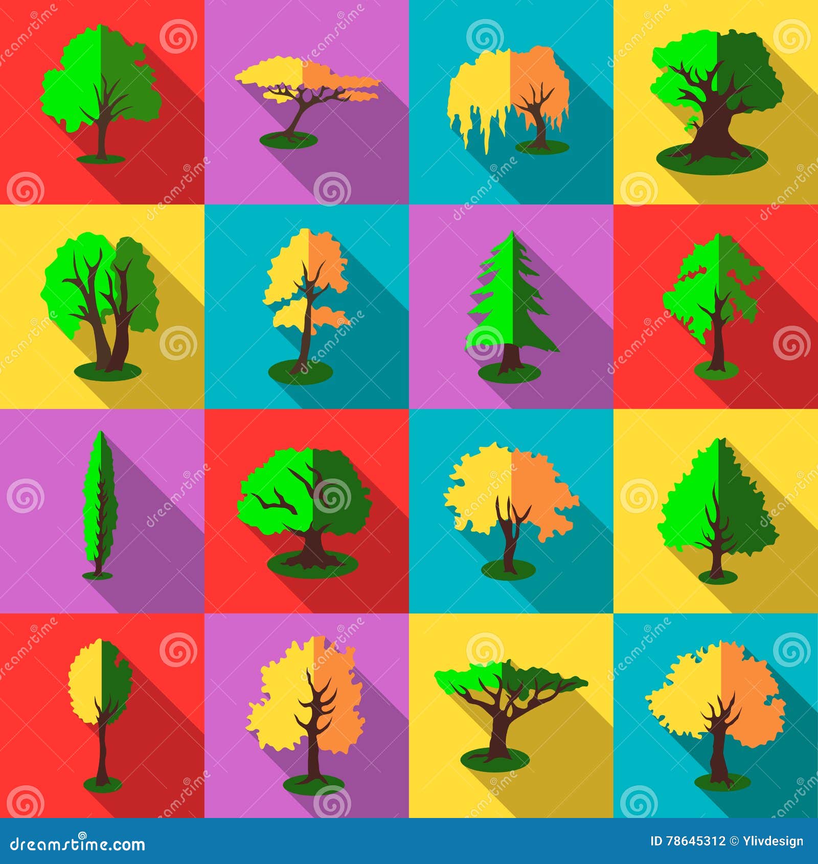 Trees Icons Set, Flat Style Stock Vector - Illustration of lawn ...