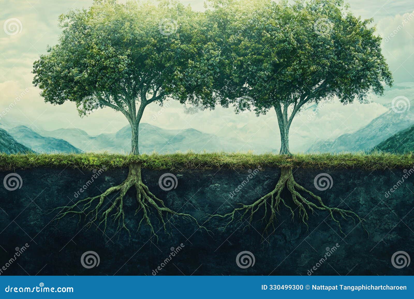 Trees with Intertwined Roots in a Serene Landscape, Symbolizing the ...
