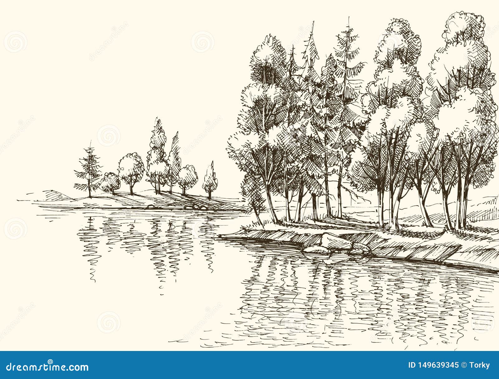 Trees on lake shore sketch stock vector. Illustration of riverside ...