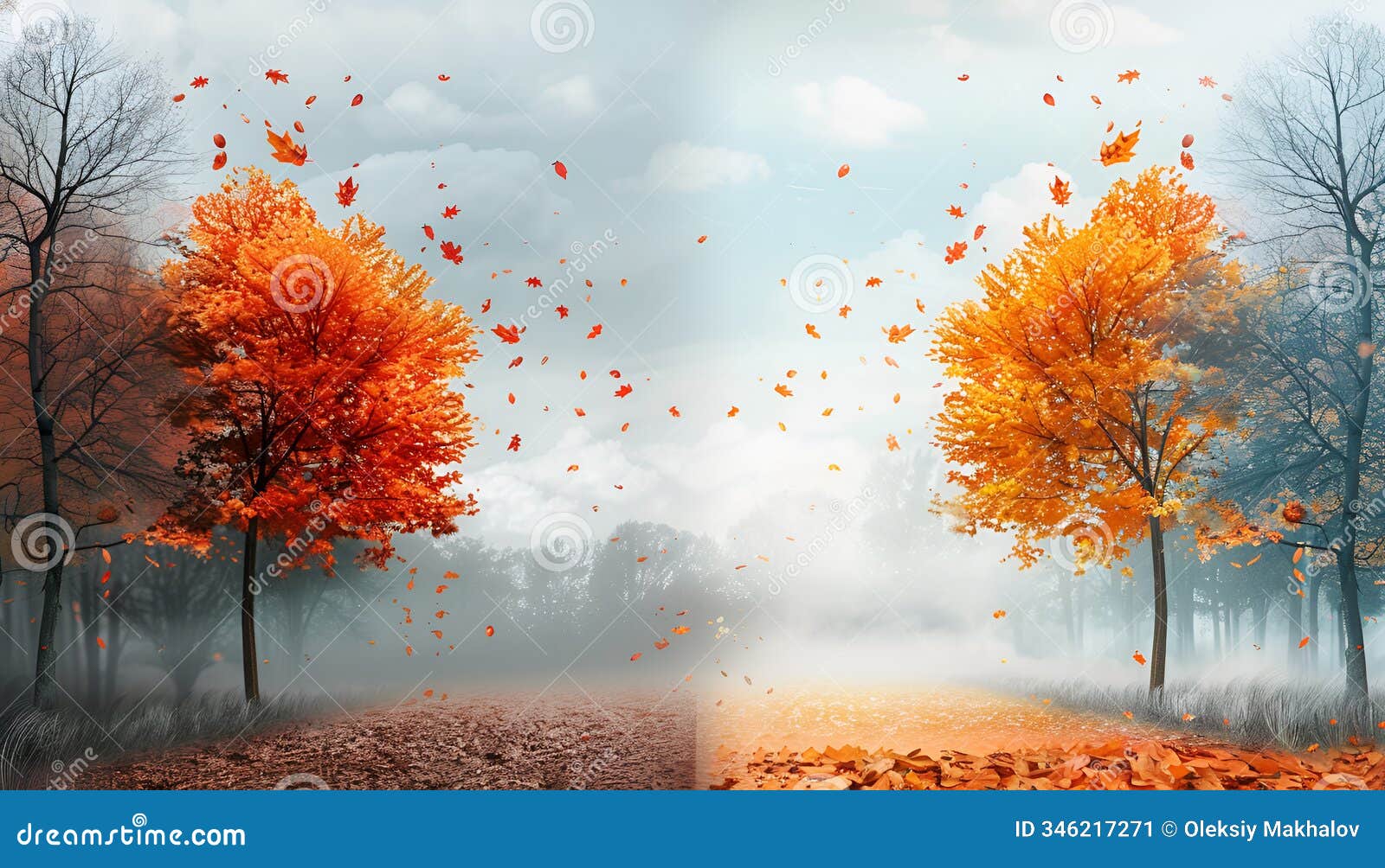 Trees on Left and Right Side with Color of Leafs Changing, Gloomy ...