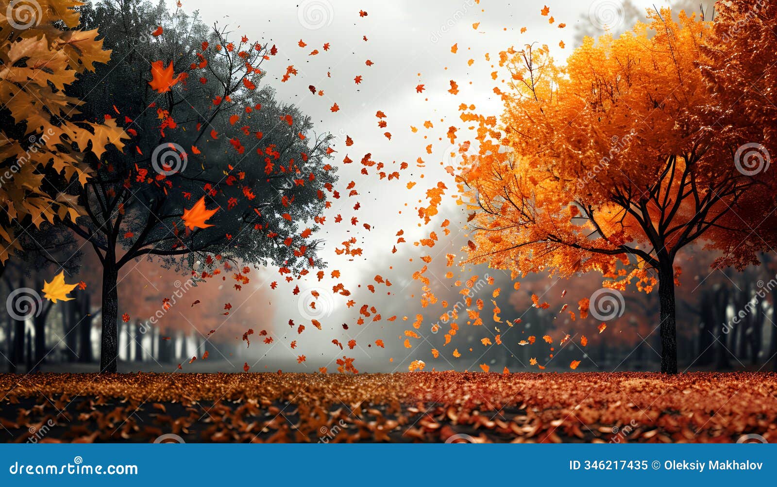 Trees on Left and Right Side with Color of Leafs Changing, Gloomy ...