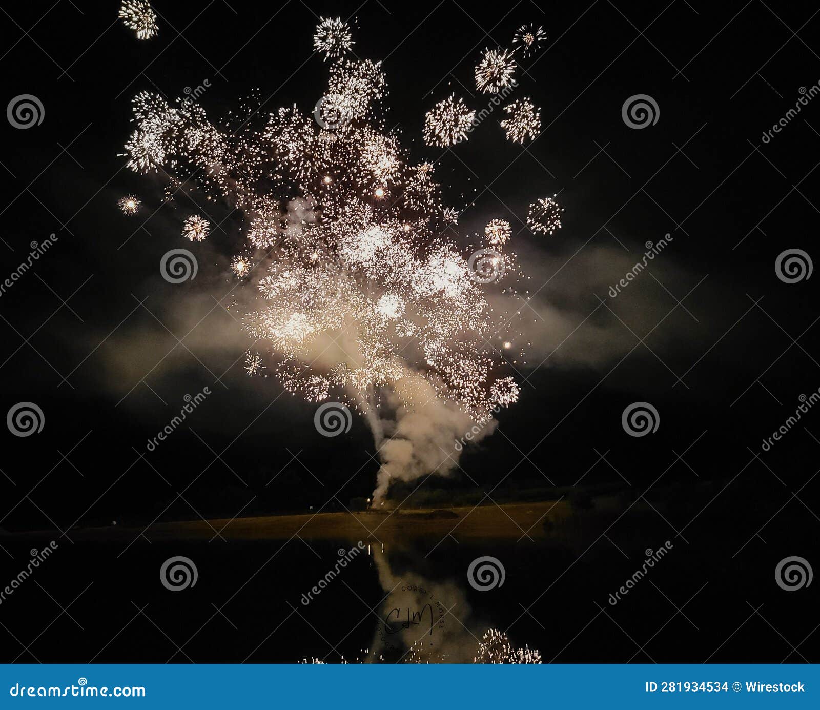 The Trees are Lit Up with Lots of Firework in the Night Sky Stock Photo ...