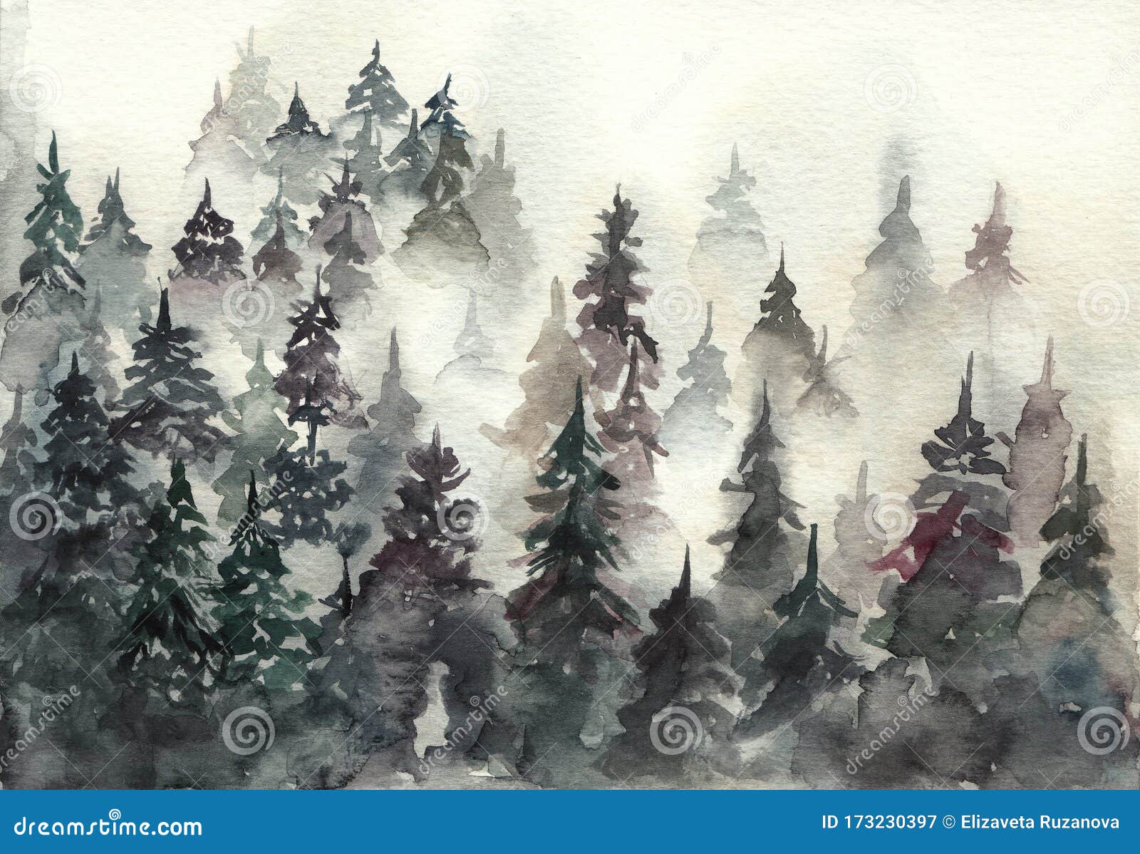Trees in the Mist. Forest Watercolor Landscape Stock Illustration ...